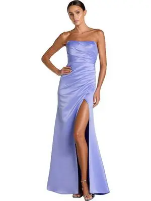 Mac Duggal Strapless Gathered High Slit Gown - Purple