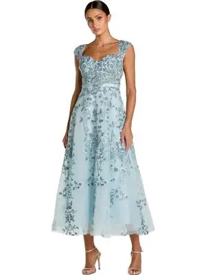 Mac Duggal Floral Embroidered Sweetheart Neckline Midi Dress - Blue