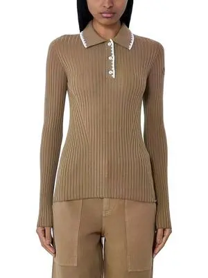 Moncler Ribbed Knit Button Polo Top - Brown