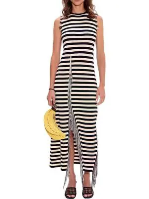 SIMONMILLER Striped Fringe Knit Midi Dress
