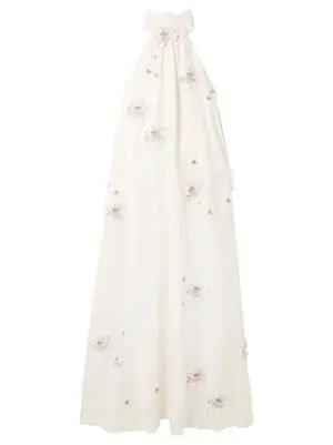 Agua Bendita Lima Embellished Appliquéd Linen Halterneck Maxi Dress - Neutrals