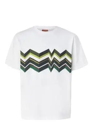 UM Crew-neck Cotton T-shirt With Irregular Zigzag Print - White & Green