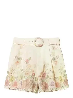 TWINSET Linen Floral Print Shorts With Buckled Belt - Neutrals