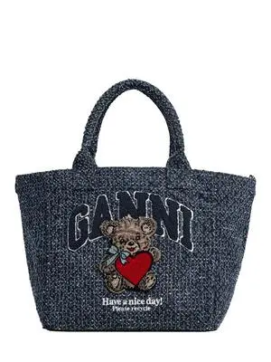 GANNI Small Trapeze Shopper Bear Tweed Denim Tote - Rinse