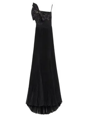 Valentino Garavani Long Dress In Embroidered Light Georgette With Rhinestones - Black/silver