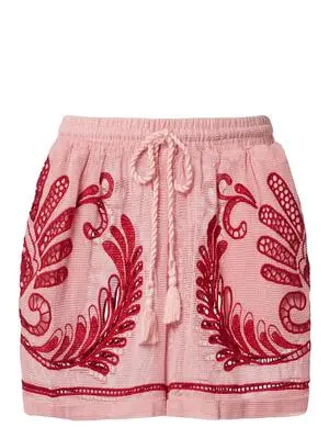 Farm Rio Embroidered Cotton Mesh Shorts - Pink