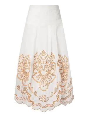 Farm Rio Embroidered Cotton Midi Skirt - White