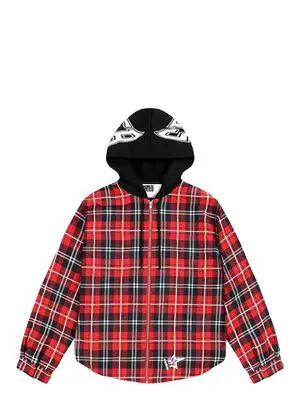 SP5DER Hooded Zip Flannel Shirt Jacket - Red Plaid