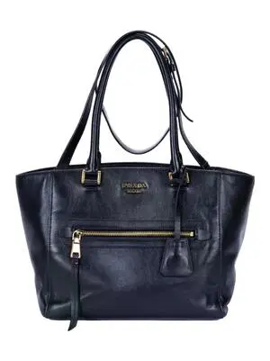 Prada Glace Twin Pocket Leather Tote Bag - Black