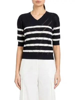 TWINSET Striped Knit Top With V-neck And Short Sleeves - Blue