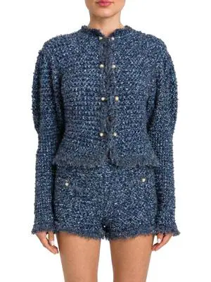 TWINSET Bouclé Cotton Jacket With Fringe Detailing - Blue