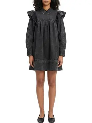 GANNI Organic Cotton Denim Flared Shirtdress - Black
