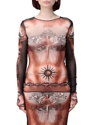 JEAN PAUL GAULTIER Safe Sex Tattoo Re-edition' Printed Tulle Top - Nude