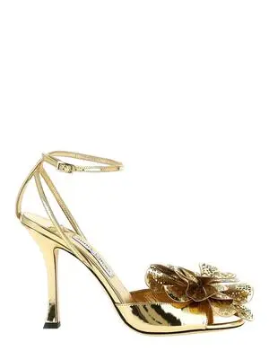 JIMMY CHOO Jimmy Choo Mimi Laminated Patent Leather Sandal With Floral Application Gold
