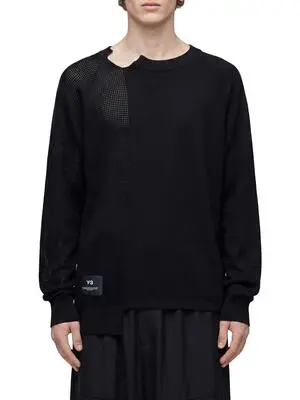 Y3 Crew Neck Pullover With Distressed Mesh And Asymmetrical Hem - Black