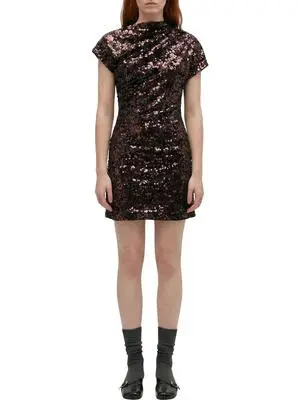GANNI Sequin Sheath Mini Dress - Brown