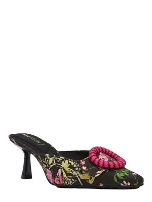 Anne Klein Cassia Buckled Kitten Heel Mules - Black Floral