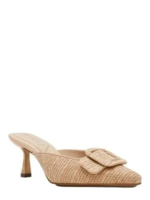 Anne Klein Cassia Buckled Kitten Heel Mules - Natural Raffia