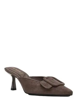 Anne Klein Cassia Buckled Kitten Heel Mules - Taupe Microsuede