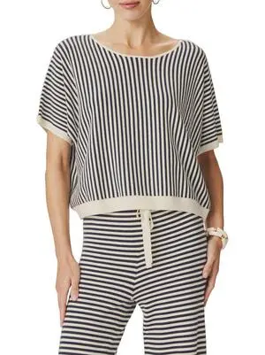 Splendid Christa Stripe Short Sleeve Sweater - Mood Indigo Blue/white