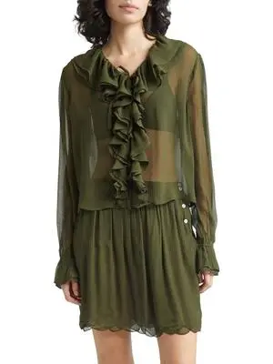 BODE Flounce Ruffle Silk Top - Olive