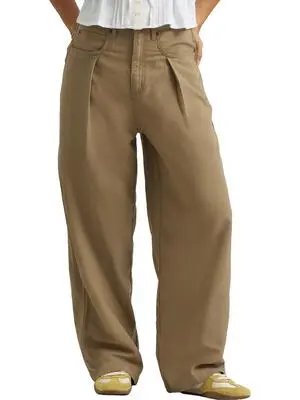LEEM Pleated Wide Leg Twill Pants - City Limits Khaki