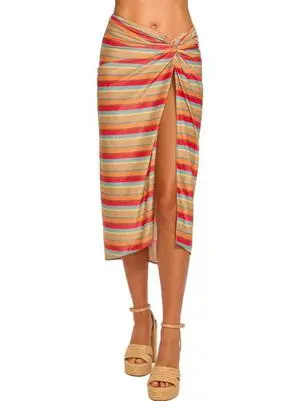 Ramy Brook Metallic Stripe Tie Waist Cover-up Skirt - Flame Glitter Stripe