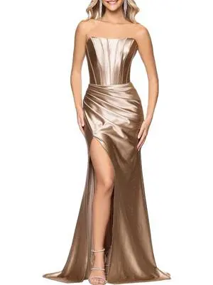 Betsy & Adam Satin Strapless Corset Gown - Taupe