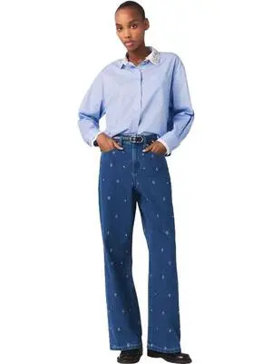Maje Wide Leg Rhinestone Jeans - Blue