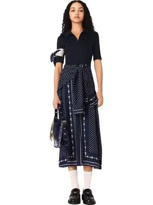 Maje Patterned Mixed-material Maxi Dress - Navy Dot Bandana Print