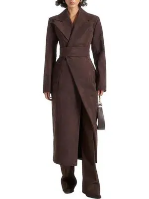 Manière De Voir Asymmetric Suede Coat With Detachable Belt - Brown