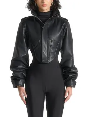 Manière De Voir Tacked Sleeve Vegan Leather Corset Jacket - Black