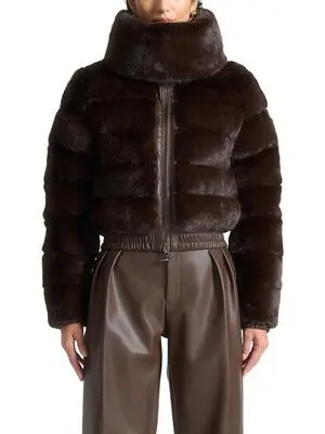 Manière De Voir Plush Ribbed Puffer Jacket With Detachable Scarf - Brown