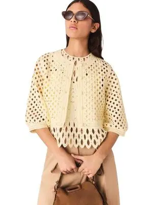 Maje Rhinestone Crochet Cardigan - Pale Yellow