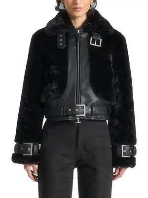 Manière De Voir Deya Plush & Leather Belted Jacket - Black
