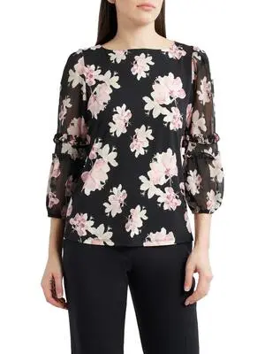 Anne Klein Ruffle Floral Puff Sleeve Top - Anne Black Multi