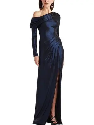 Tadashi Shoji Metallic One-shoulder Gown - Royal Navy