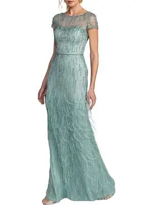 Mac Duggal Embellished Net Feather Gown - Seafoam