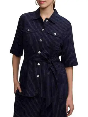 Foxcroft Estela Stripe Linen Blend Jacket - Navy Blue/white