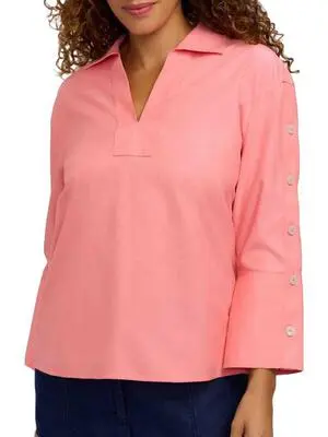 Foxcroft Lainey Cotton Popover Top - Coral Reef Red