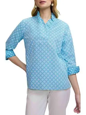 Foxcroft Printed Ruffle Collar Top - Blue/white