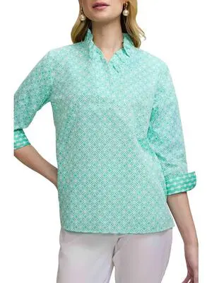 Foxcroft Printed Ruffle Collar Top - Green/white