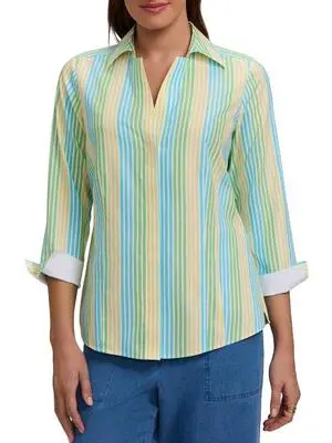 Foxcroft Taylor Stripe Cotton Button-up Shirt - Blue/multi