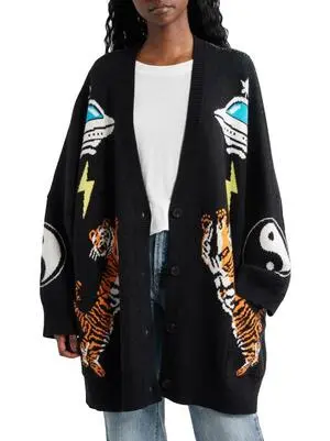 DRESSED IN LALA Oversized Animal Print Cardigan - Black