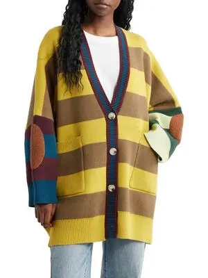 DRESSED IN LALA Oversized Cotton Blend Cardigan - Yellow And Tan Strip
