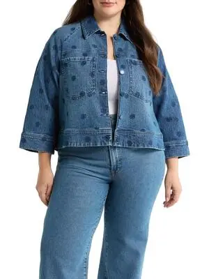 Wit & Wisdom Floral Embroidery Crop Denim Jacket - Blue