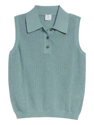 Eleventy Sleeveless Open Stitch Polo - Jade