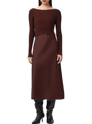 ALLSAINTS Hera Long Sleeve 2-in-1 Rib Sweater & Midi Slipdress - Bitter Brown