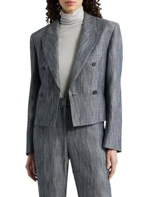 BOSS Jelsia Belted Sharkskin Twill Double Breasted Crop Blazer - Charcoal Sharkskin