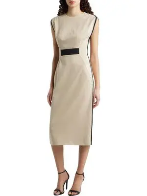 BOSS Detira Grosgrain Waist Detail Sheath Midi Dress - Pumice